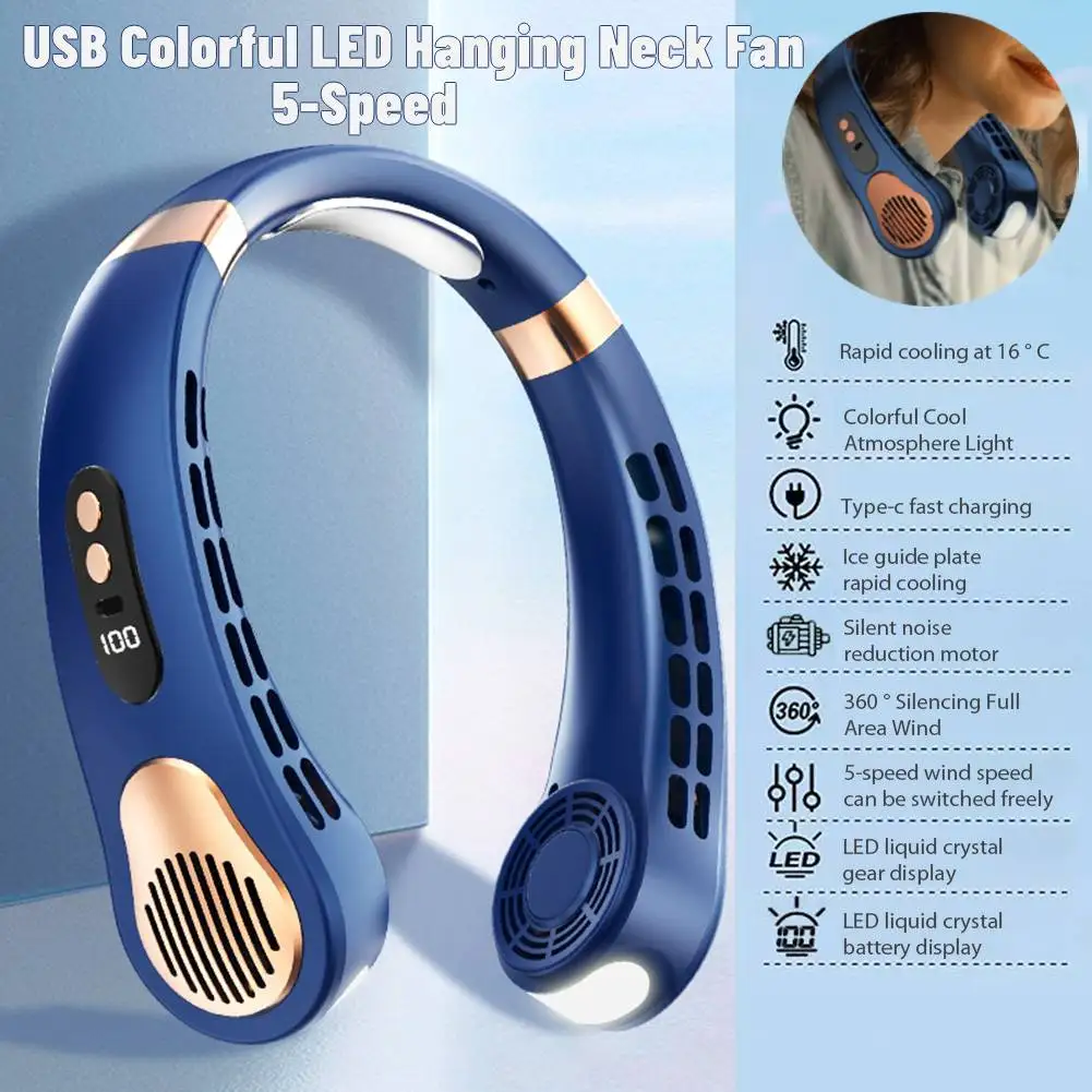 USB-Hanging-Neck-Fan-Portable-Neck-Fan-LED-Digital-Display-Leafless ...