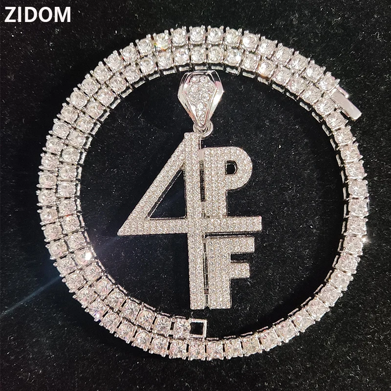 Men Women Hip Hop 4PF Pendant Necklace Zircon Tennis Chain Iced out ...