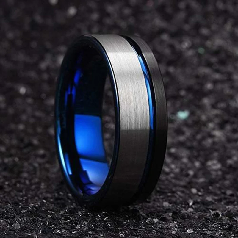 Trendy-8mm-Multicolor-Titanium-steel-Rings-for-Men-Thin-Blue-Groove ...