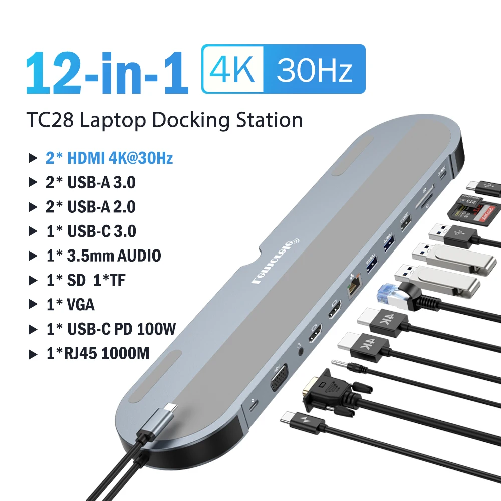 Lemorele-estación de acoplamiento TC28, Hub USB C, 4K, VGA, 3,5mm ...