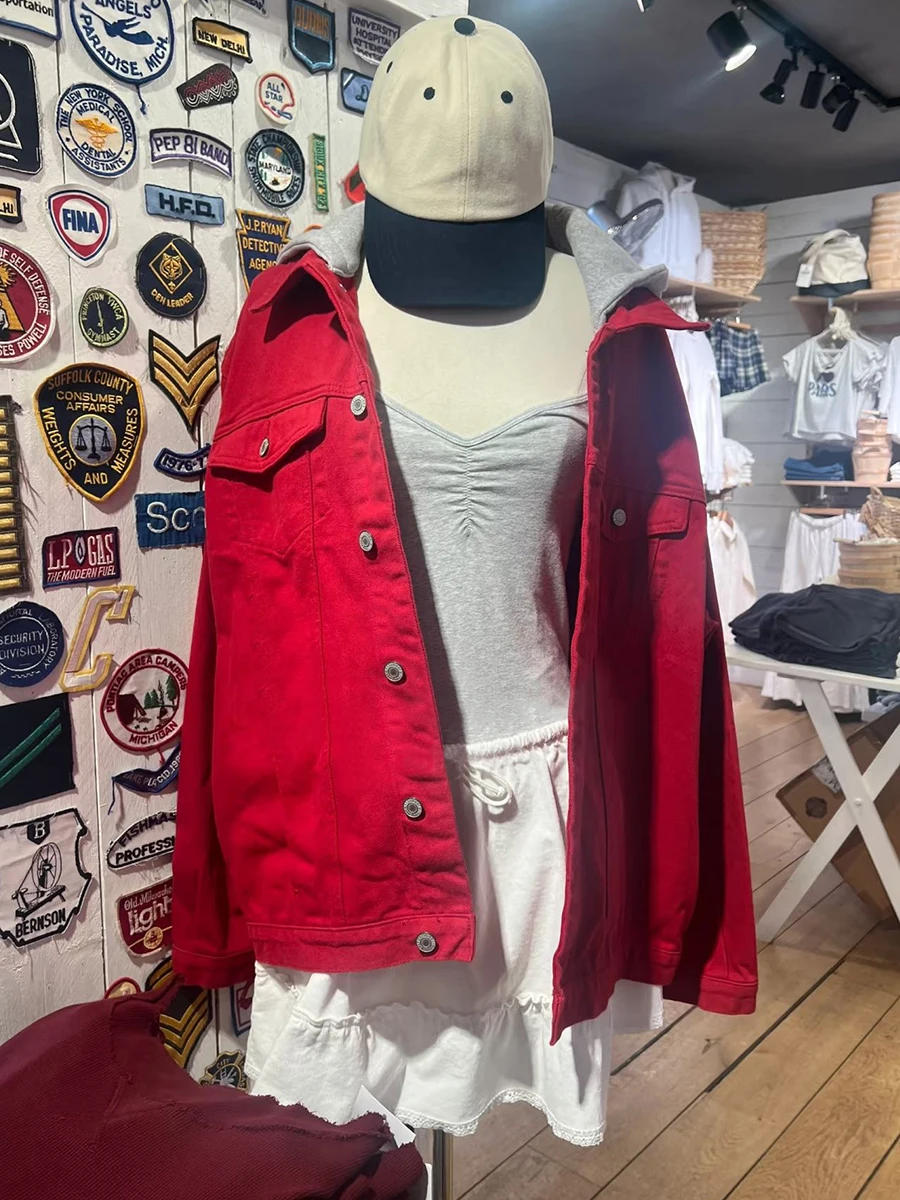 Red Loose Jackets Woman Winter Single Breasted Long Sleeve Hooded ...