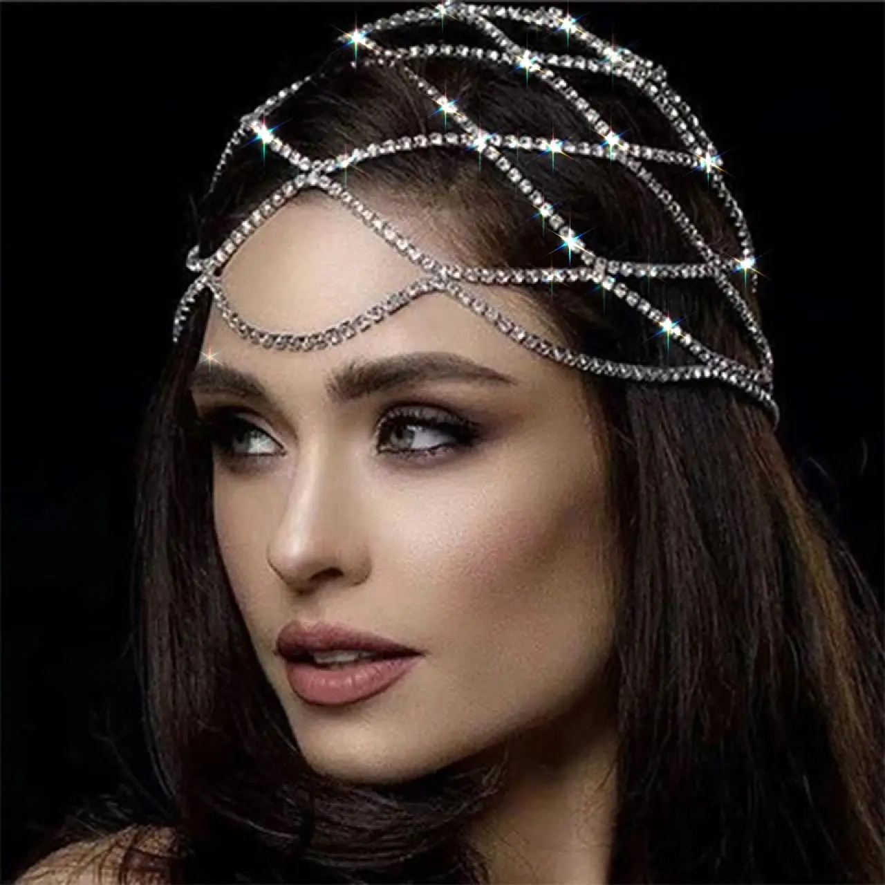 Rhinestone Mesh Headpiece Cap Silver Crystal Flapper Head Chain Bridal ...