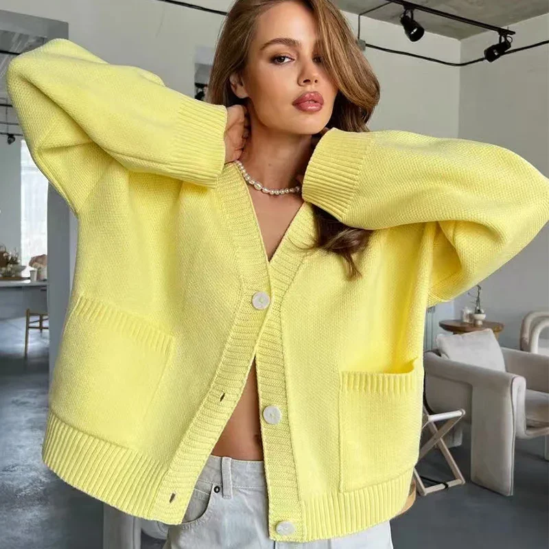 Yellow Knit Single Breasted Cardigan for Women Spring Autumn Loose V ...