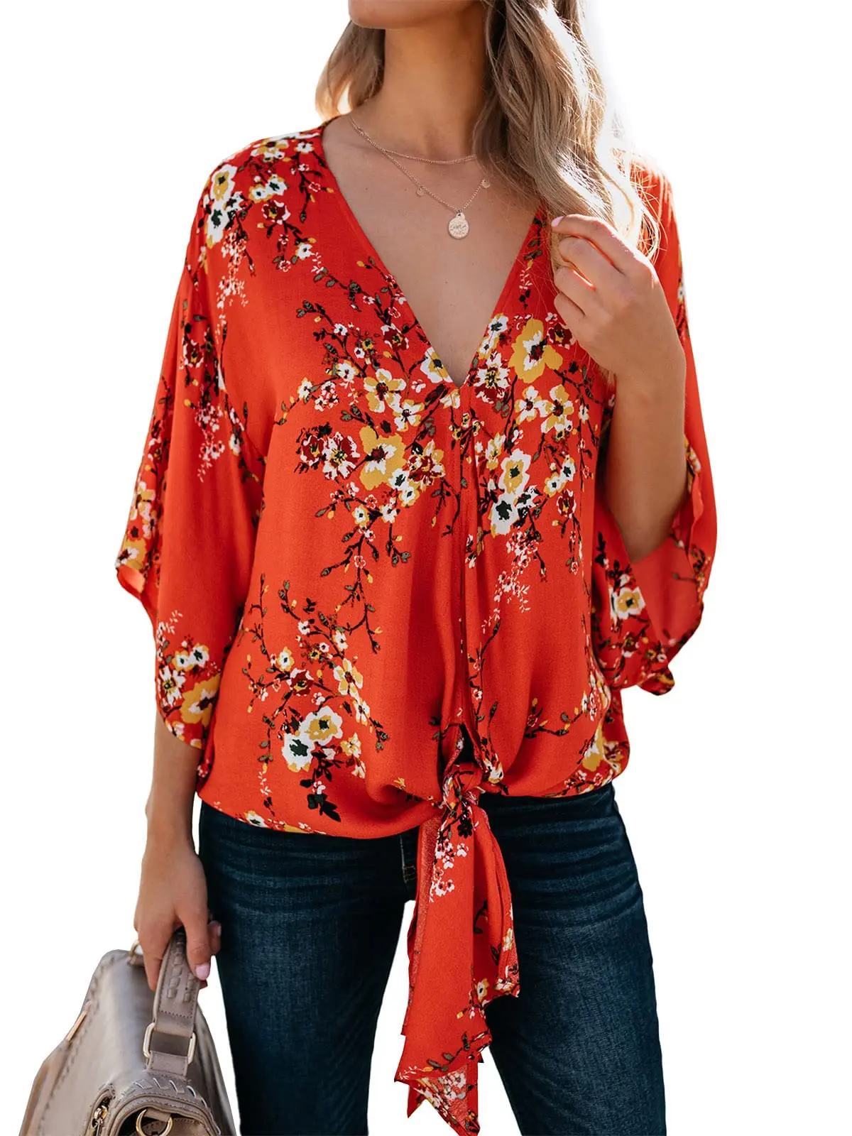 Fashion-Womens-Floral-V-Neck-Tie-Knot-Front-Blouses-Bat-Wing-Short ...
