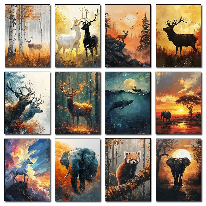Wildlife Twee Herten Olifant Zwaan Walvis Muur Canvas Olieverf Posters ...