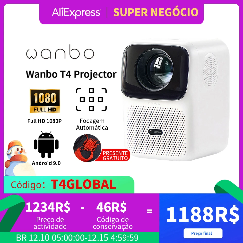 Wanbo t4 projetor 4k full hd 1080p 9.0 android mini wifi foco ...