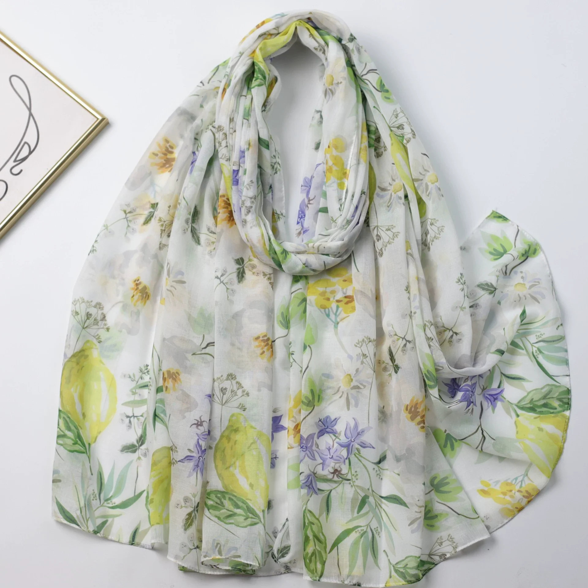 2025 Newest Women Lemon fruit Printed Pattern Scarf Cotton Voile Scarf ...