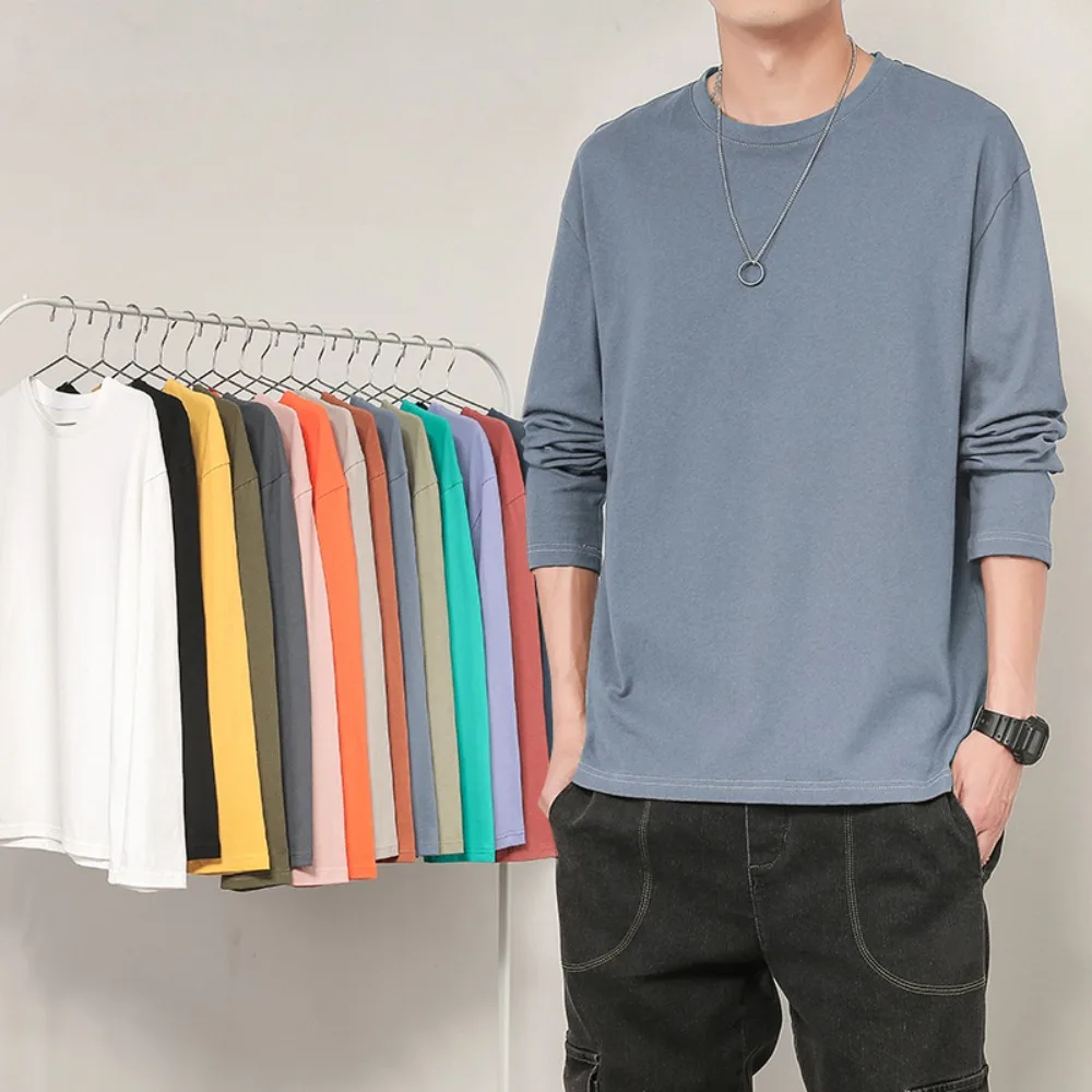 Cotton-Men-s-T-shirt-Solid-Color-Breathable-Man-Long-Sleeves-Pure-Color ...