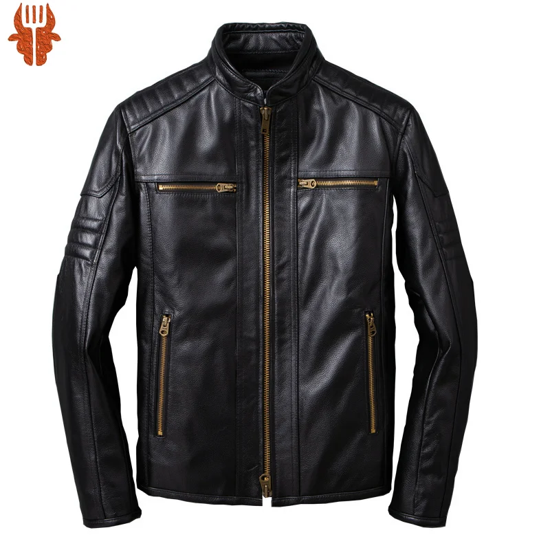 Classical Men Genuine Leather Motorcycle Jackets 100%Top Layer Cowhide ...