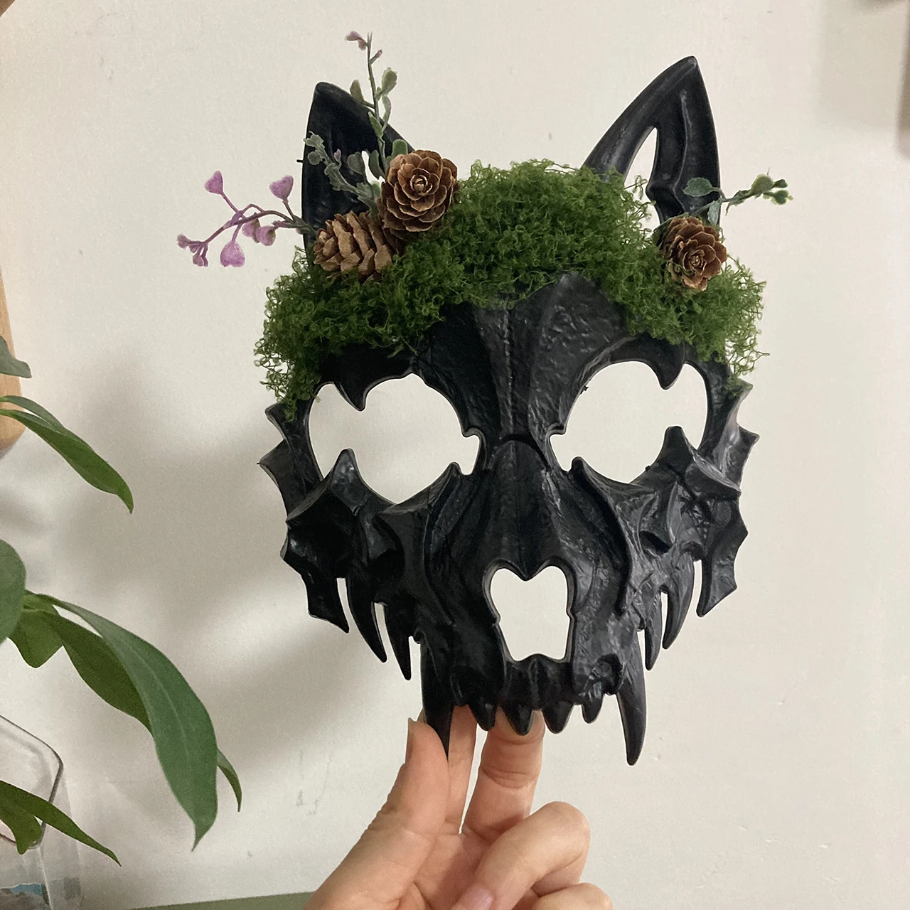 forest half mask wolf skull mask with moss and pinecones black full ...