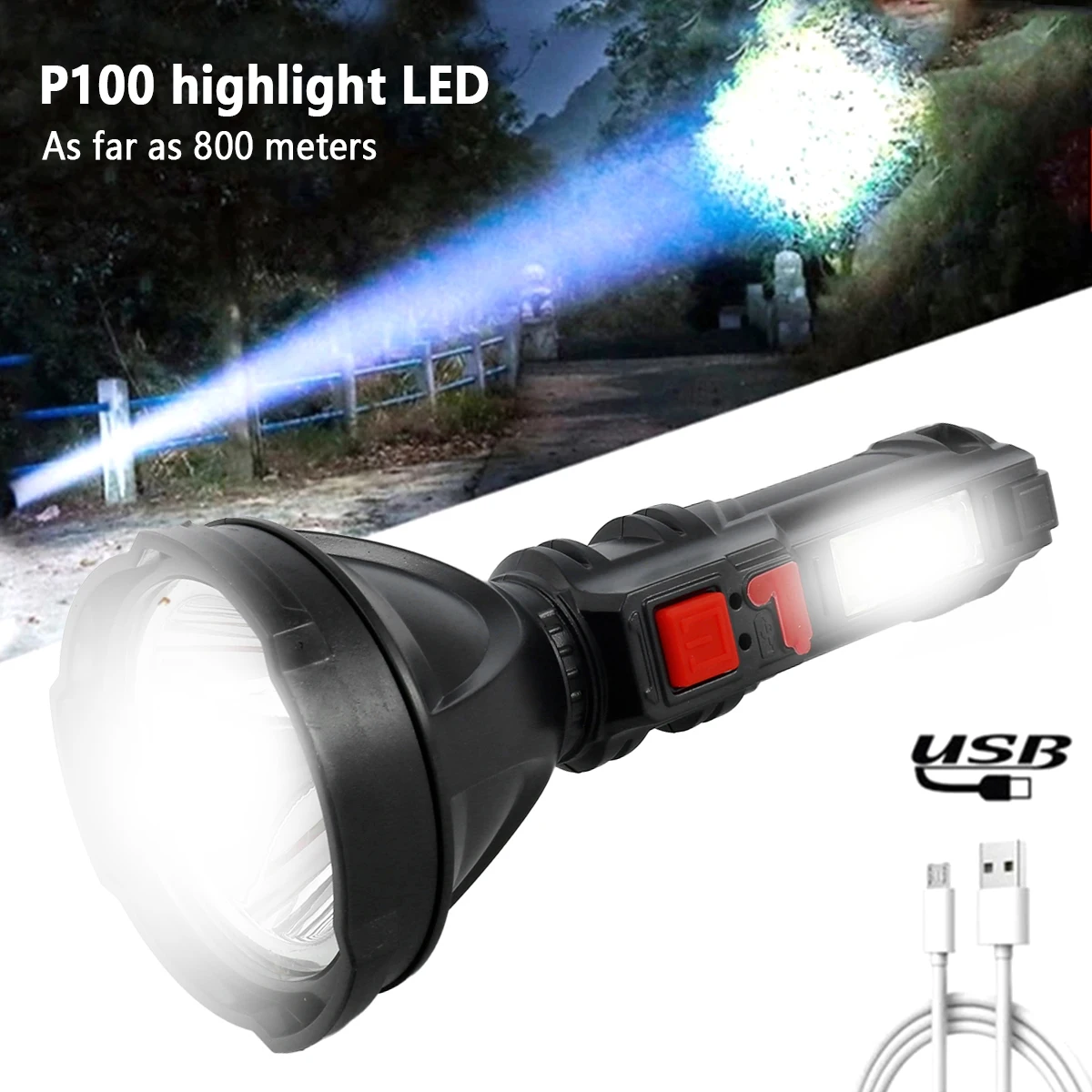 Portable-LED-Flashlight-with-Side-Long-Range-USB-Rechargeable-Torch ...