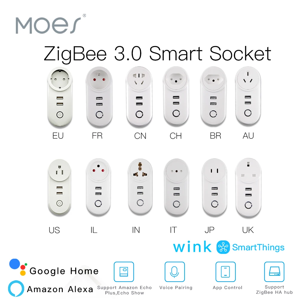 ZigBee 3.0 Smart Socket Plug with 2 USB Interface Remote Voice Control ...