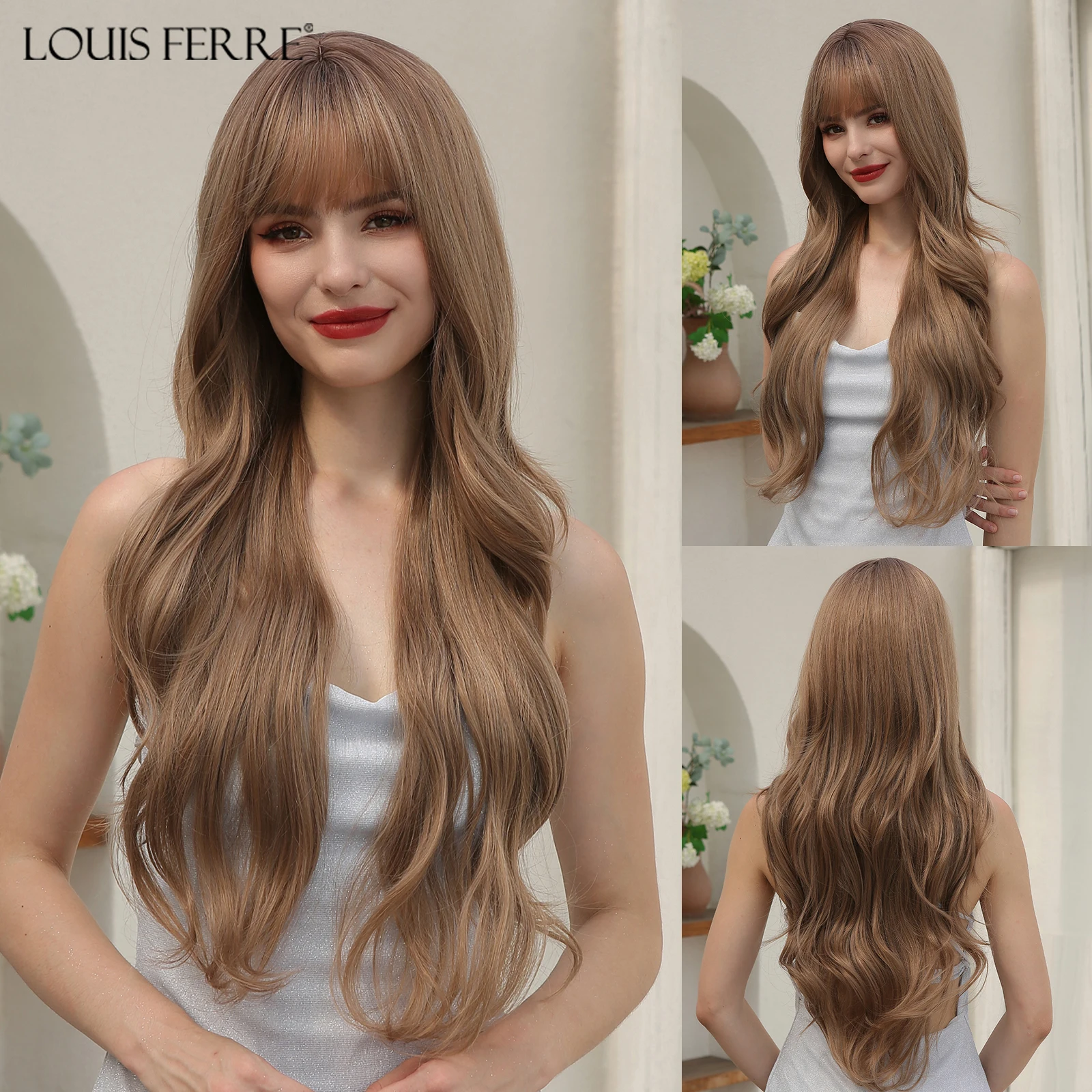 LOUIS-FERRE-Long-Rose-Blonde-Synthetic-Wig-Natural-Wave-Wig-With-Bangs ...
