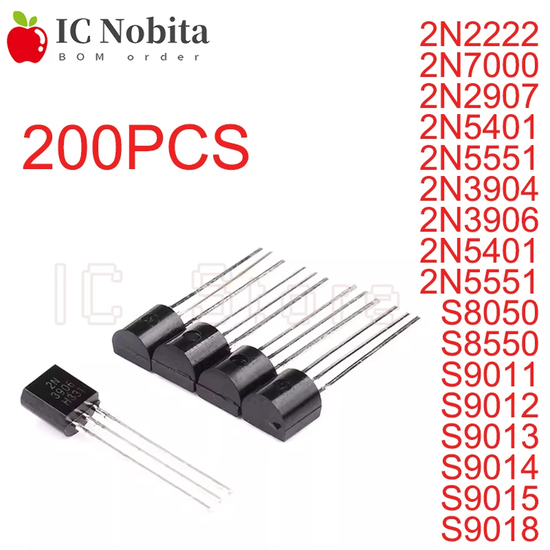 200PCS-2N2222-2N7000-2N2907-2N5401-2N5551-2N3904-2N3906-2N5401-2N5551 ...