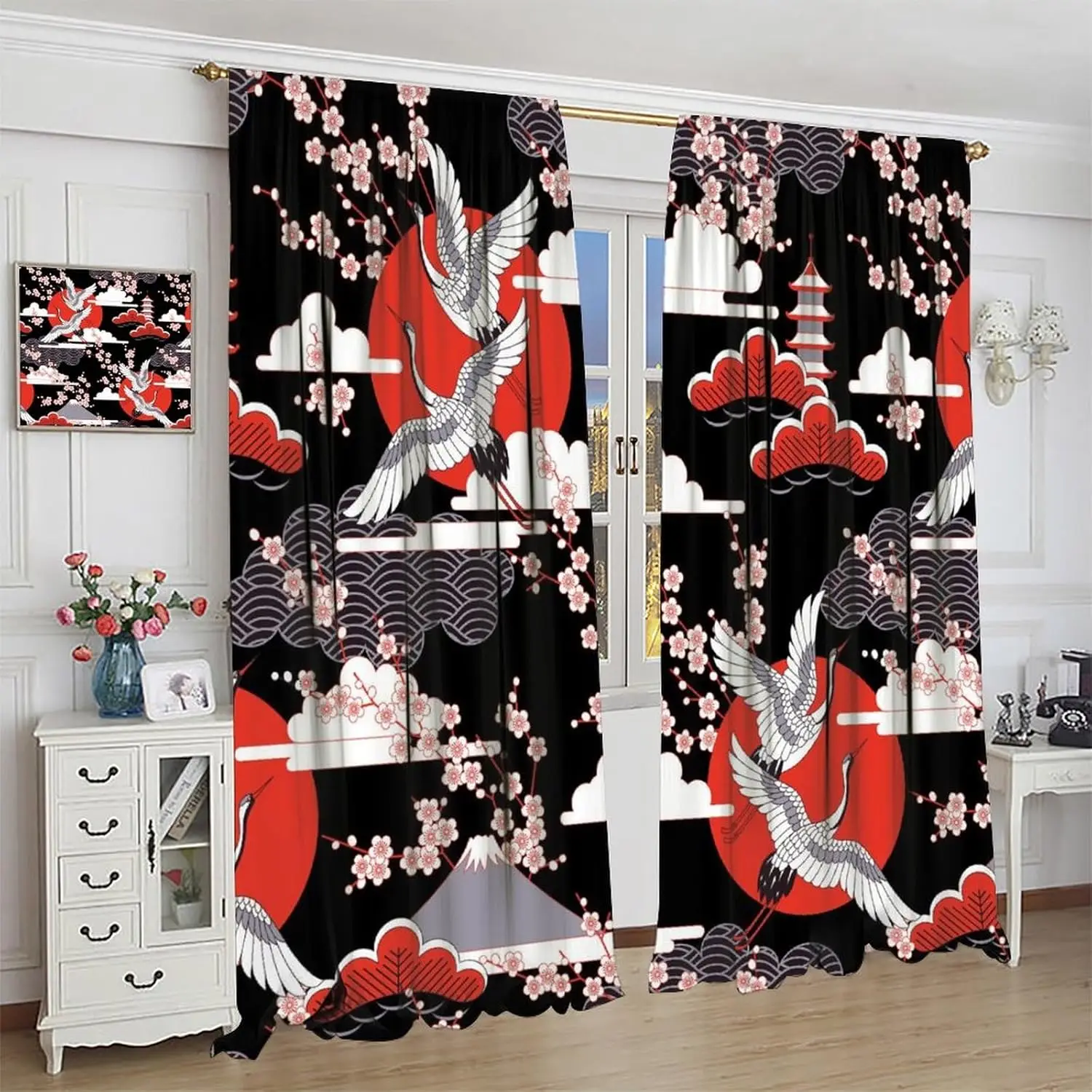 Japanese Crane Bird Curtains, Oriental Traditional Pink Cherry Blossoms ...