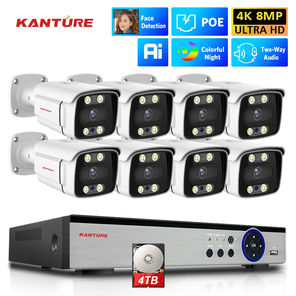 XMEYE 8CH POE NVR Kit 4K Ai Face Detect Security Camera Two Way Audio ...