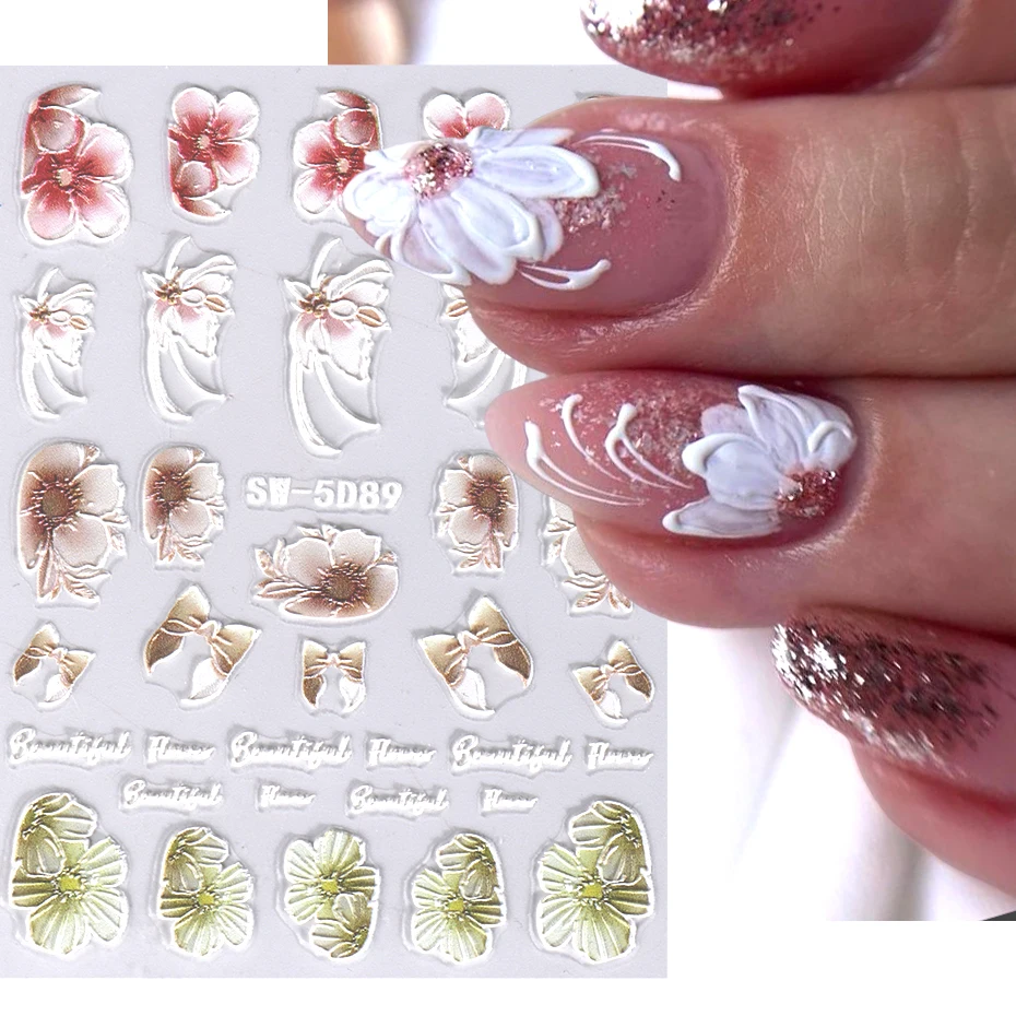 5D Embossed Nail Stickers White Butterfly Tulip Leaves Line Wedding ...