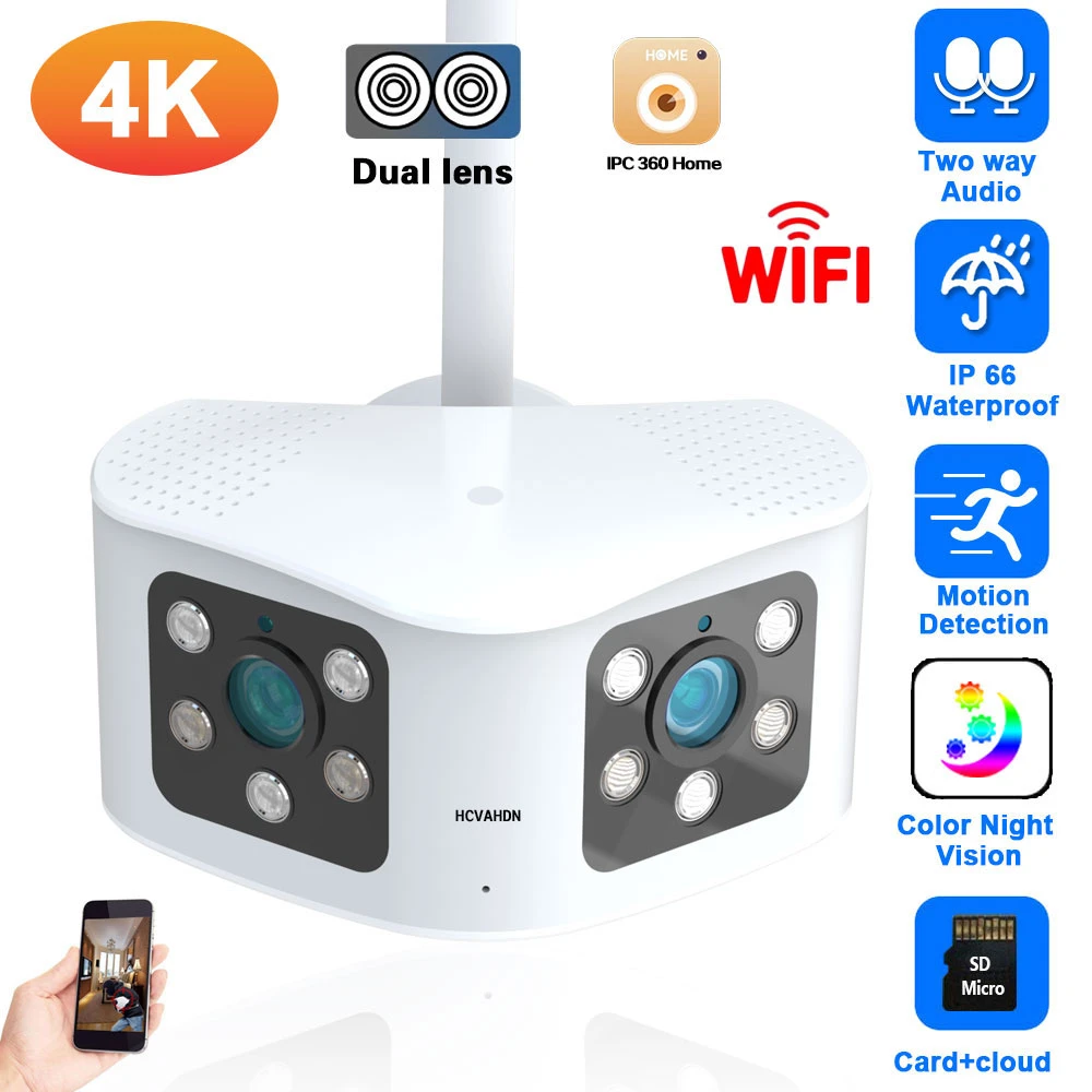 4K 8MP Dual Lens WIFI Security Camera 180° Wide Angle Panoramic Surveillance Full Camera Color ...
