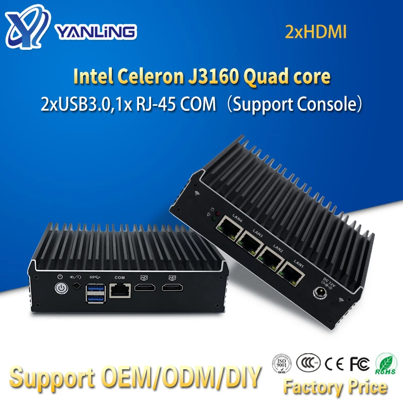 Yanling Intel Celeron J3160 Quad Core Fanless Mini Pc 4 Gigabit Lan 2 ...
