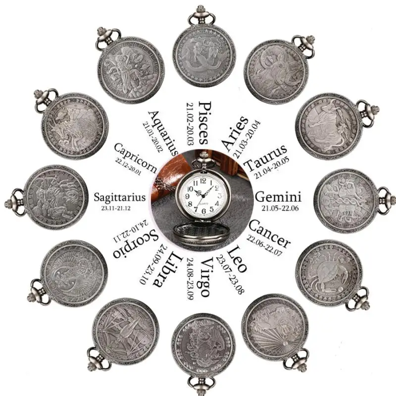 Retro-12-Constellations-Star-Sign-Zodiac-Quartz-Pocket-Watch-Antique ...