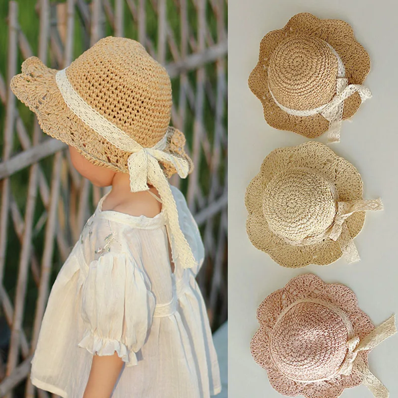Fashion Baby Petal Brim Straw Woven Hat Sun Protection Lace Cap Kids ...
