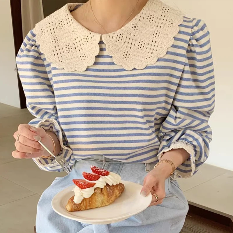 Preppy-Style-T-Shirts-Peter-Pan-Collar-Puff-Sleeve-Striped-Patchwork ...