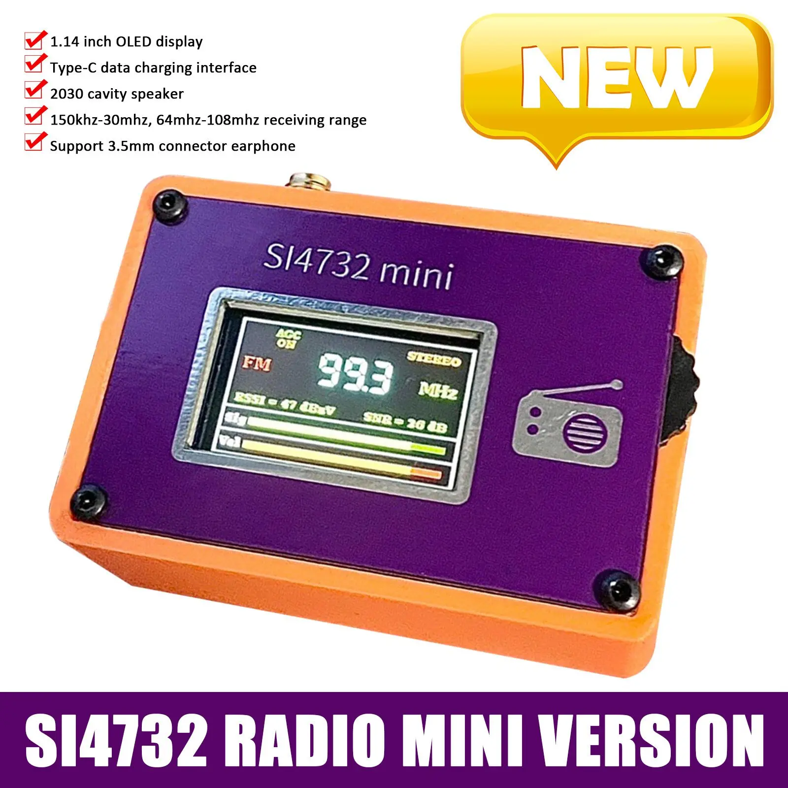 Mini receptor de Radio Si4732, FM AM SSB CW RDS + OLED ++ batería + altavoz + antena + funda de ...