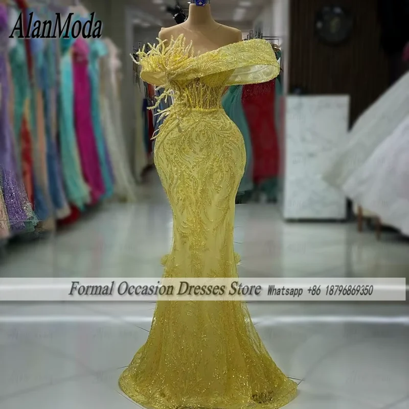 Stunning Yellow Mermaid Evening Dresses For Women Sequin Design Wedding ...