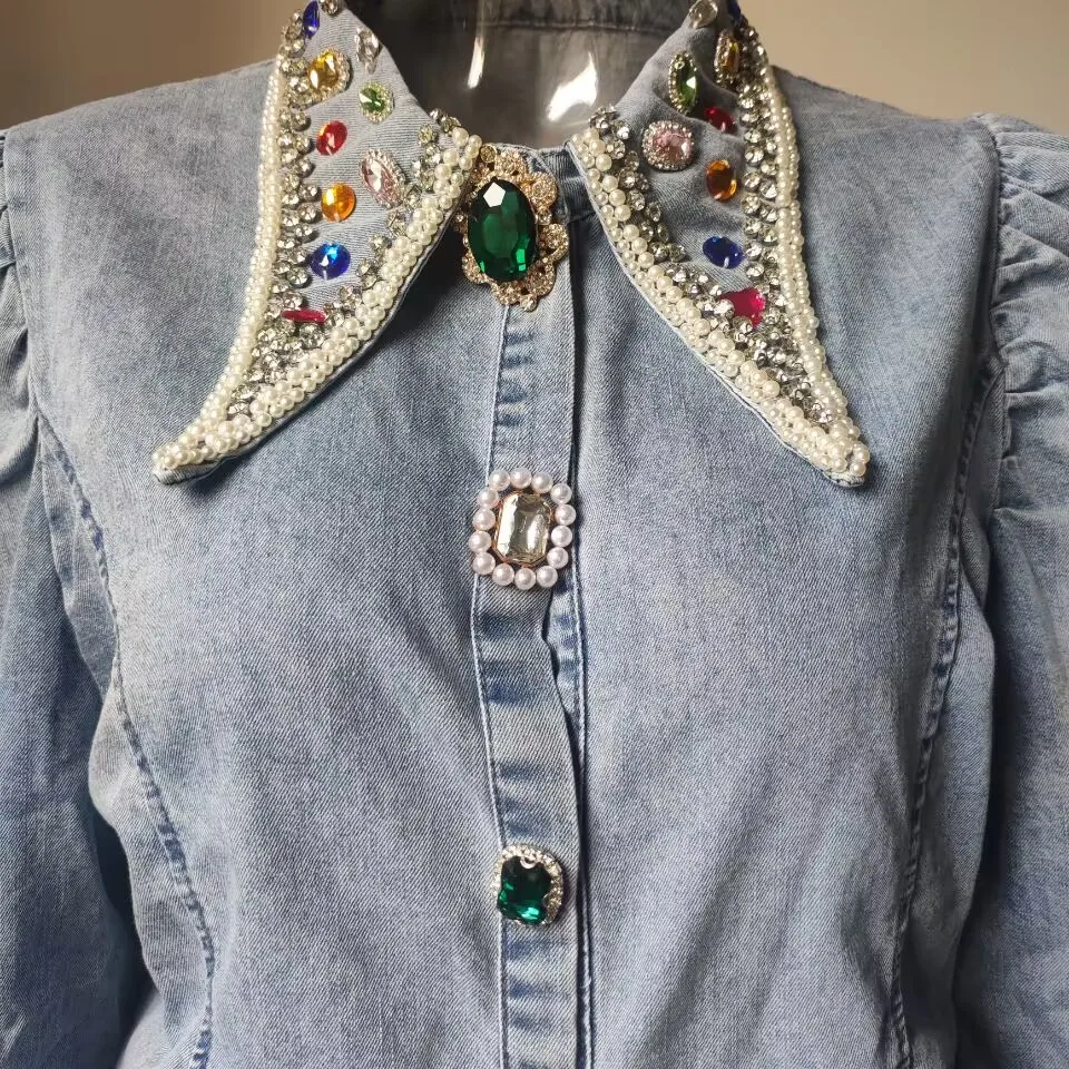 Diamonds Beaded Denim Blouses Single-breasted Gemstones Buttons Shirts ...