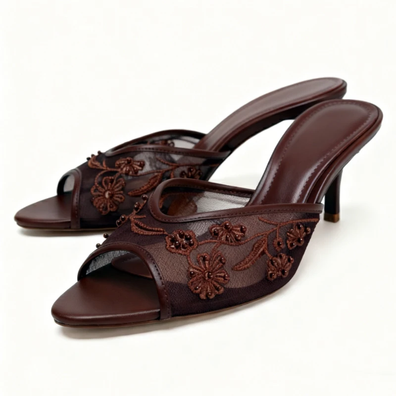 Luxury String Bead Mesh Embroider Heeled Slippers Women Sexy Pointed ...