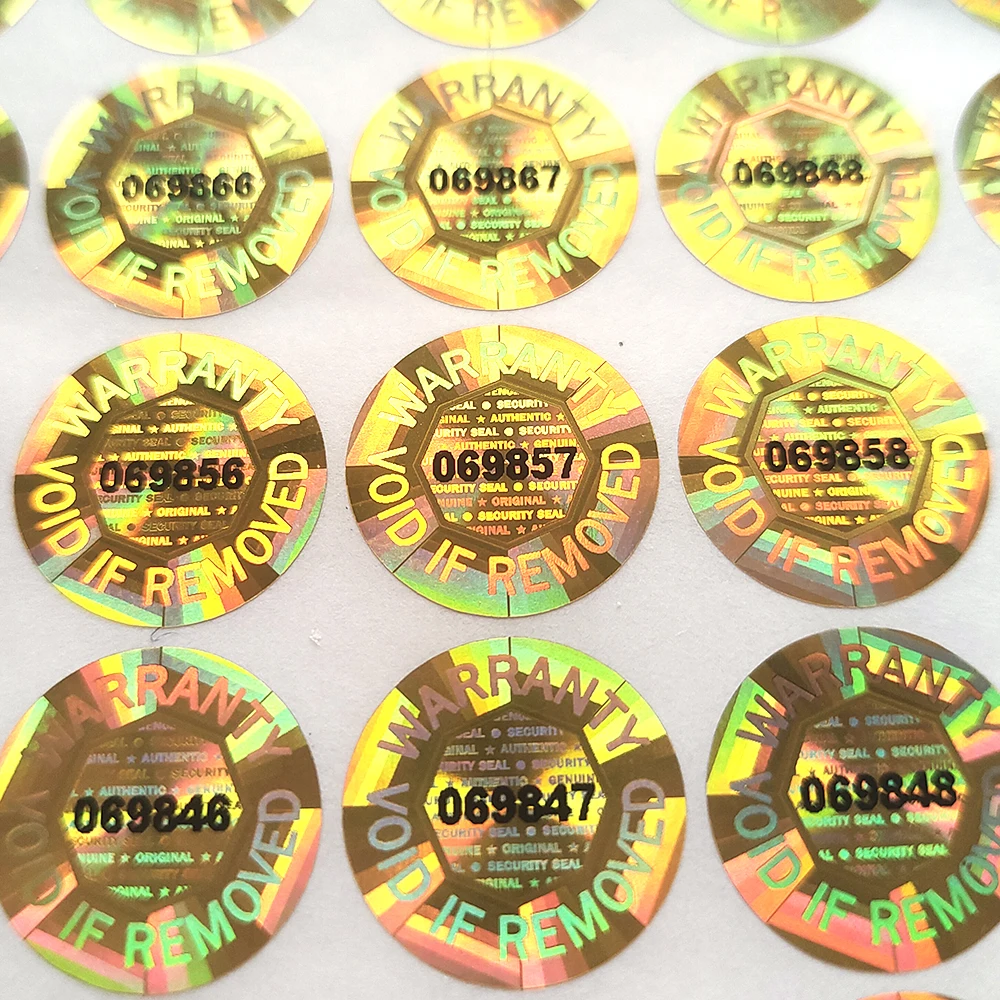100pcs-15mm-Gold-Color-Hologram-Label-Sticker-Serial-Numbers-Security ...