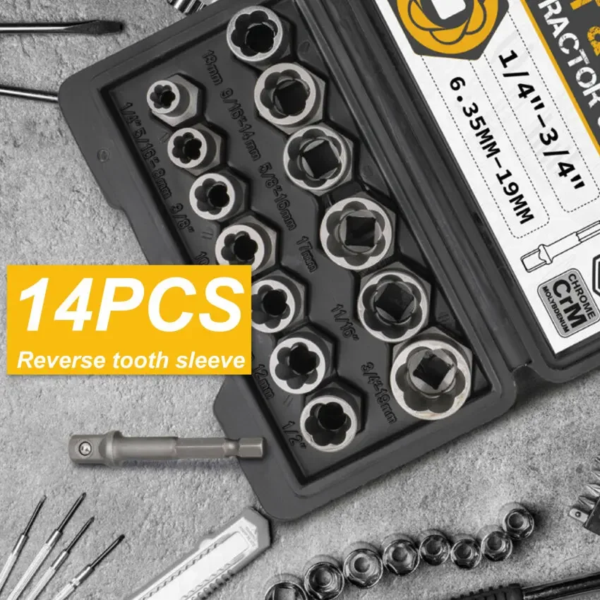 14Pc-Extraction-Socket-Set-Impact-Bolt-Nut-Remover-Set-Bolt-Extractor ...