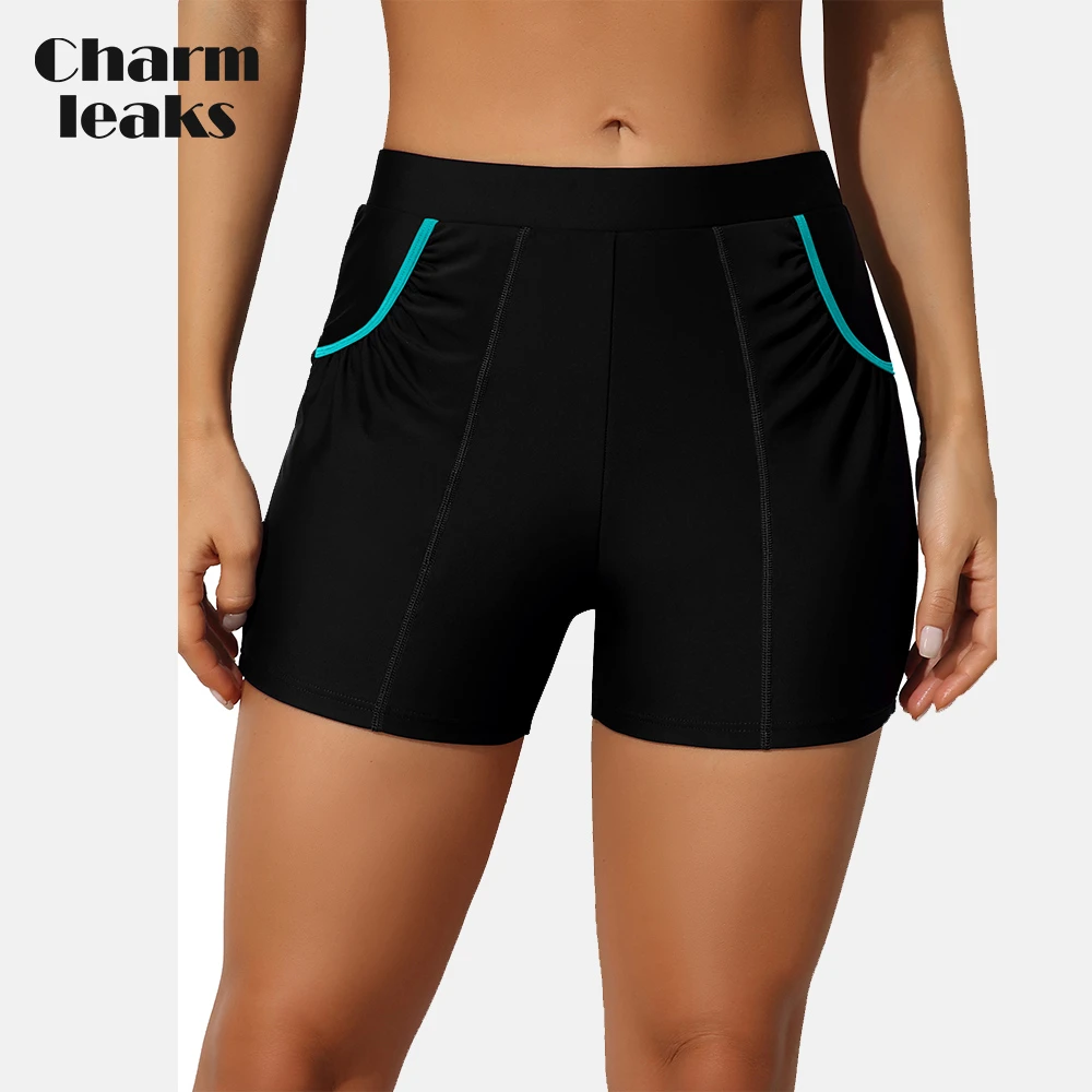 Charmleaks Women Swimming Trunks Solid with Pockets Quick Dry Shorts ...