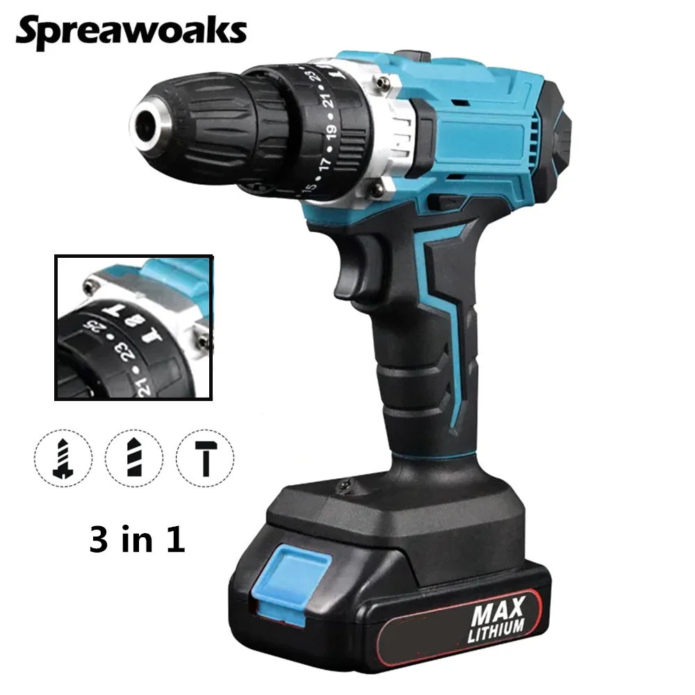 3 in 1 Cordless Electric Drill Screwdriver Impact Hammer 25 Torque ...