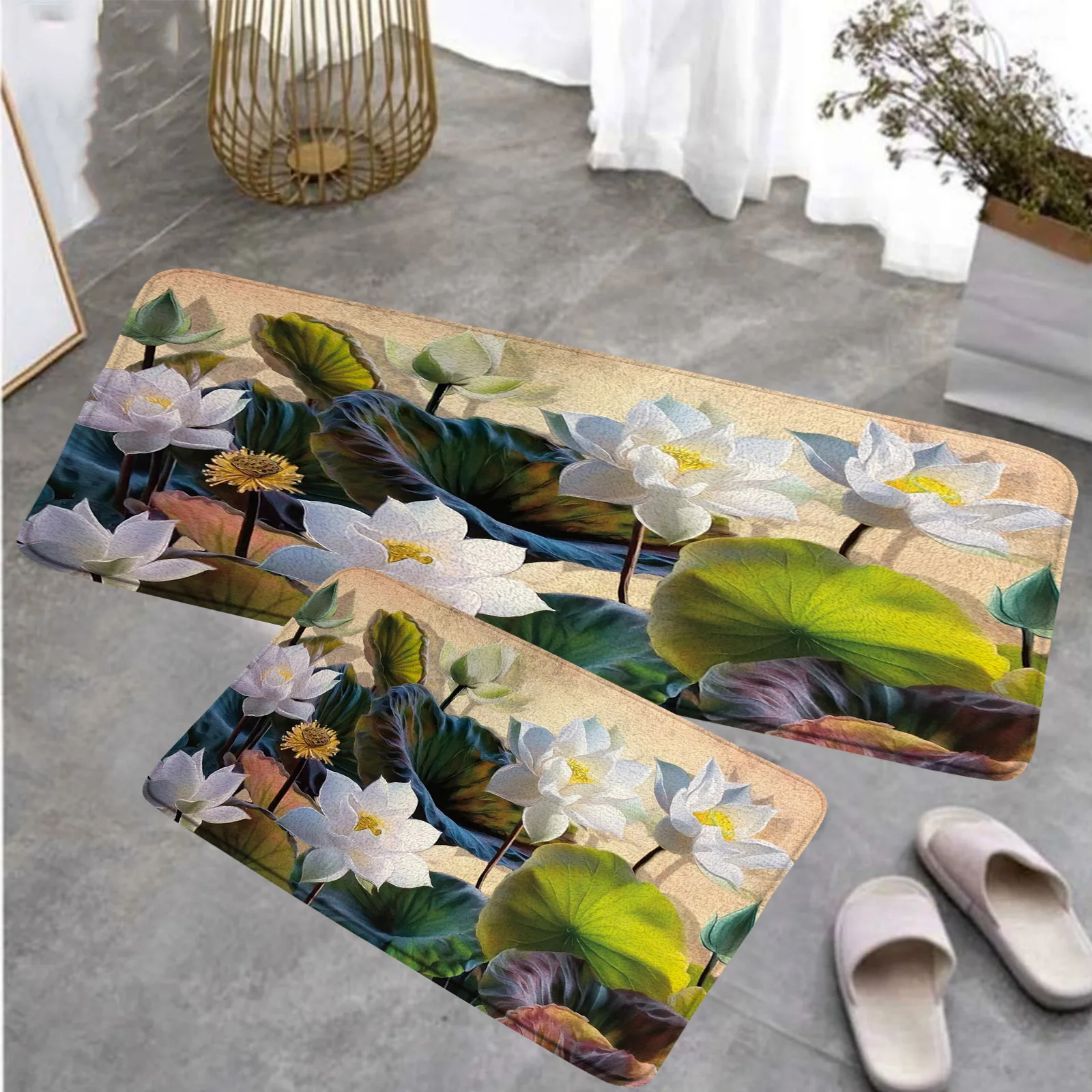 Zen-Flowers-Kitchen-Floor-Mat-White-Lotus-Green-Leaves-Plants-Chinese ...