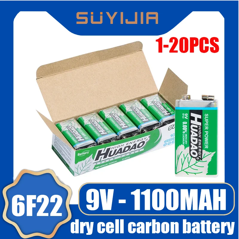 1-20PCS-9V-1100mAh-6F22-dry-cell-carbon-battery-suitable-for-microphone ...