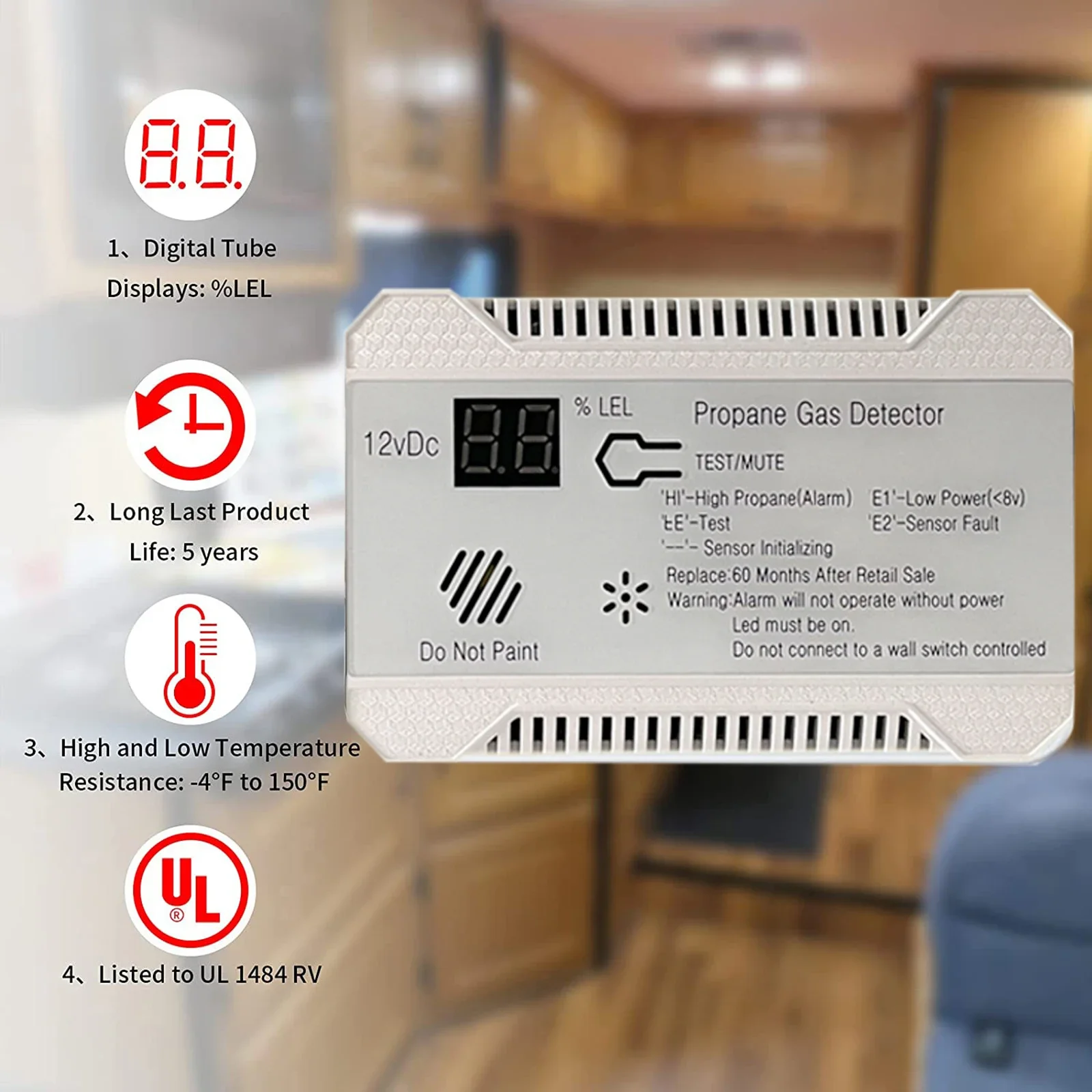 RV Propane Gas Detector 85dB Loud Alarm DC 12V, Mini Compact Design RV ...