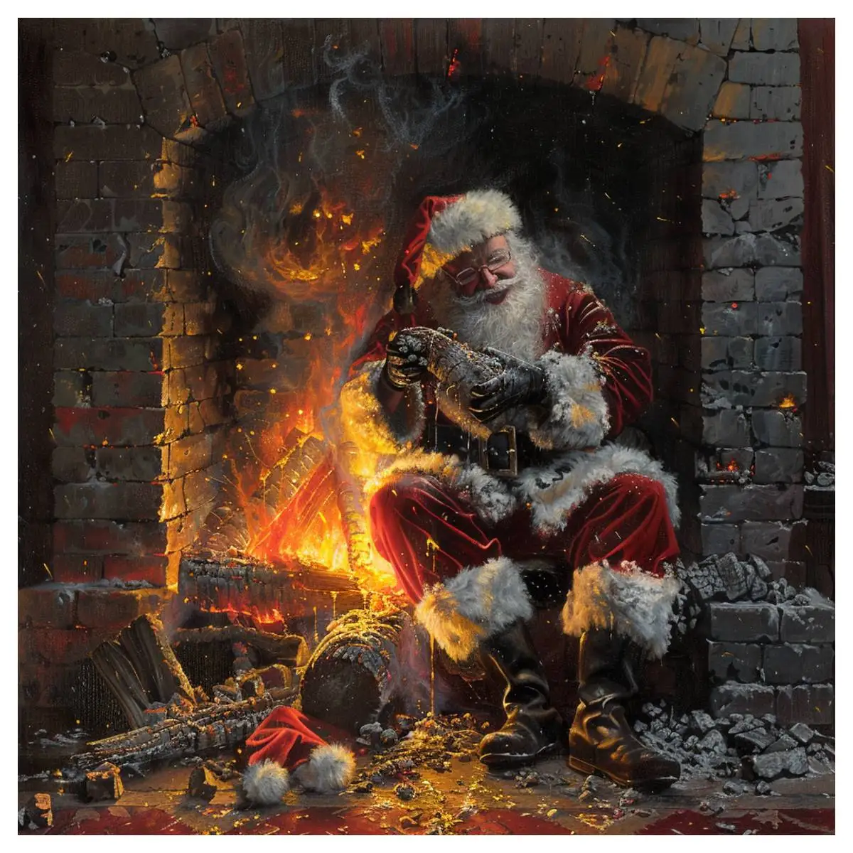 1pc 40X40CM/15.74inch Santa Claus is warming himself by the fireplace ...