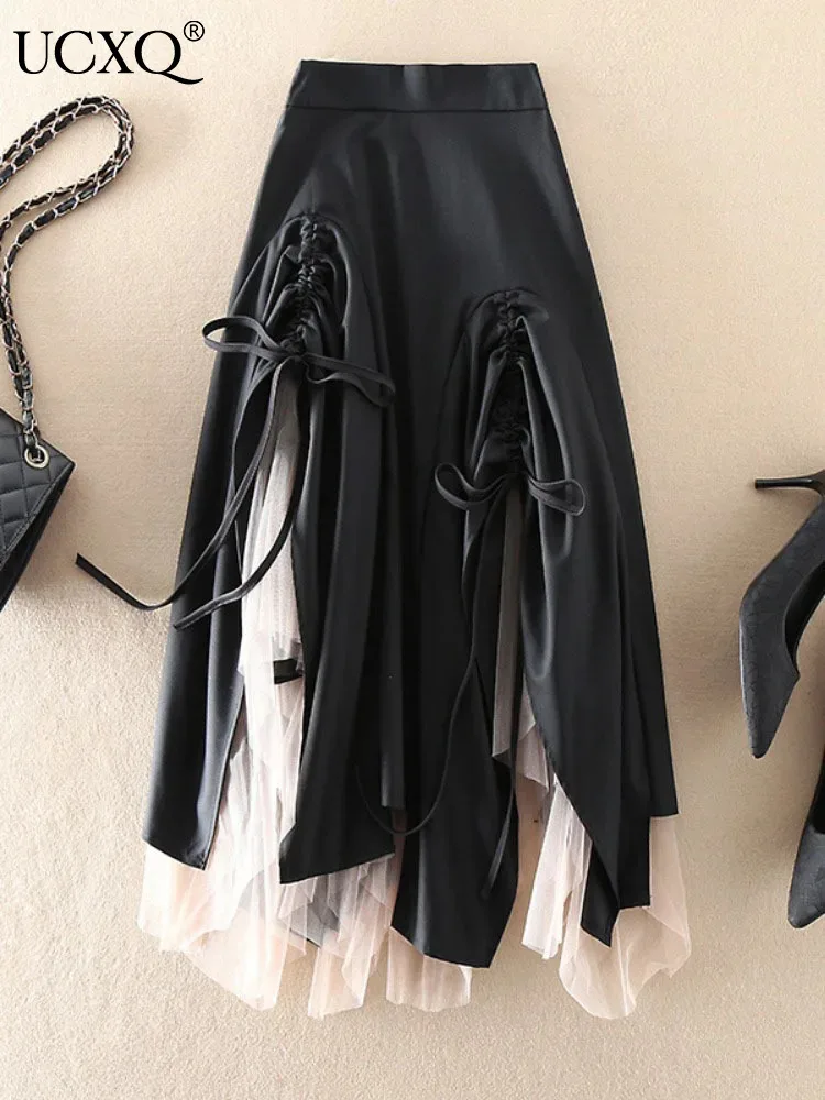 UCXQ-Fashion-Patchwork-Black-Lace-Drawstring-Skirt-Women-s-Clothing ...