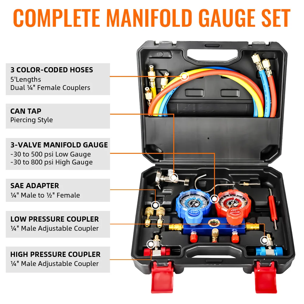 Upgrade 4 Way A/C Manifold Gauge Set Fits R134A R22 Refrigerants with ...