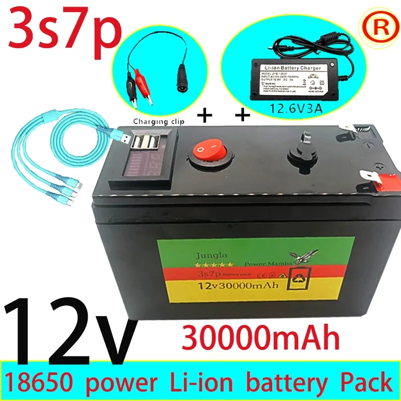 New-12V-30000mAh-3S7P-18650-Lithium-Battery-Pack-12-6V-3A-Charger-USB ...