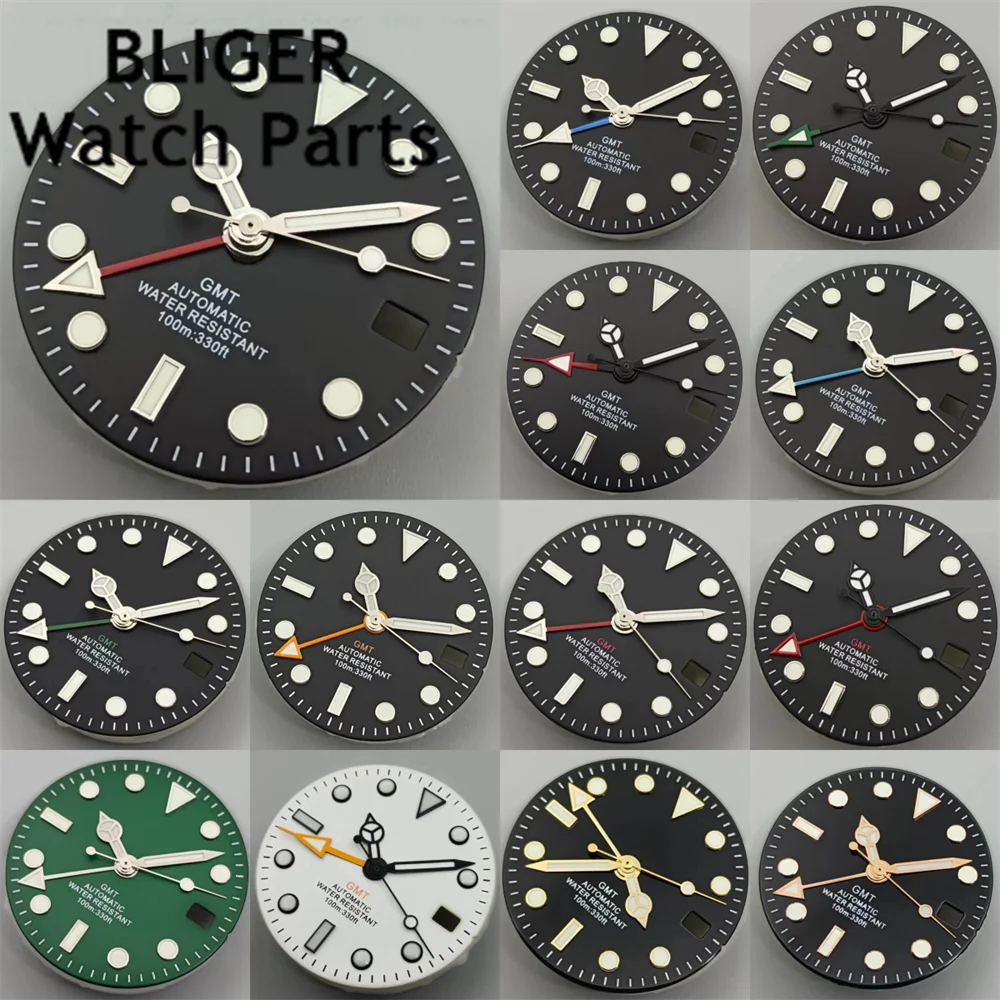 BLIGER 29mm GMT Watch Dial Black White Green Dial With Hand Set Orange ...