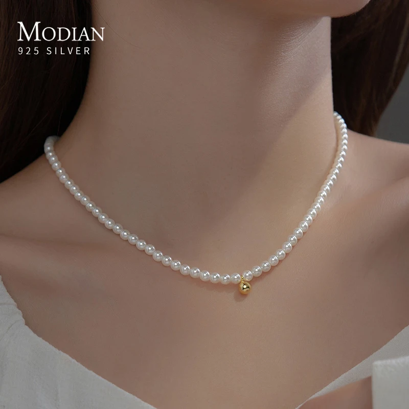 MODIAN-925-Sterling-Silver-Elegant-White-Pearl-Charm-Necklace-Shell ...