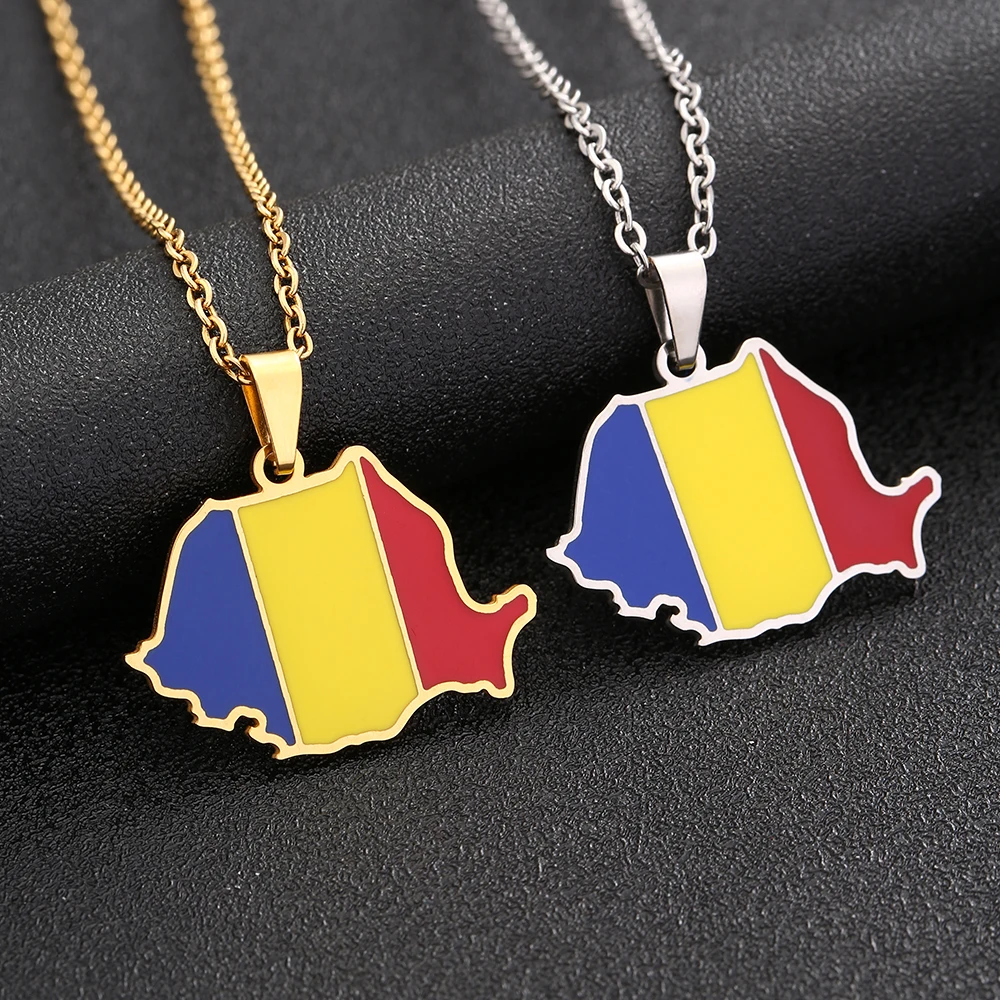 Romania-Map-Flag-Pendant-Necklace-Stainless-Steel-For-Women-Girls-Gold ...