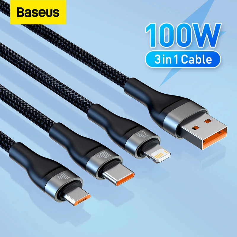 Baseus 3 em 1 usb tipo c cabo 100w cabo de dados de carregamento rápido para iphone 13 pro ...