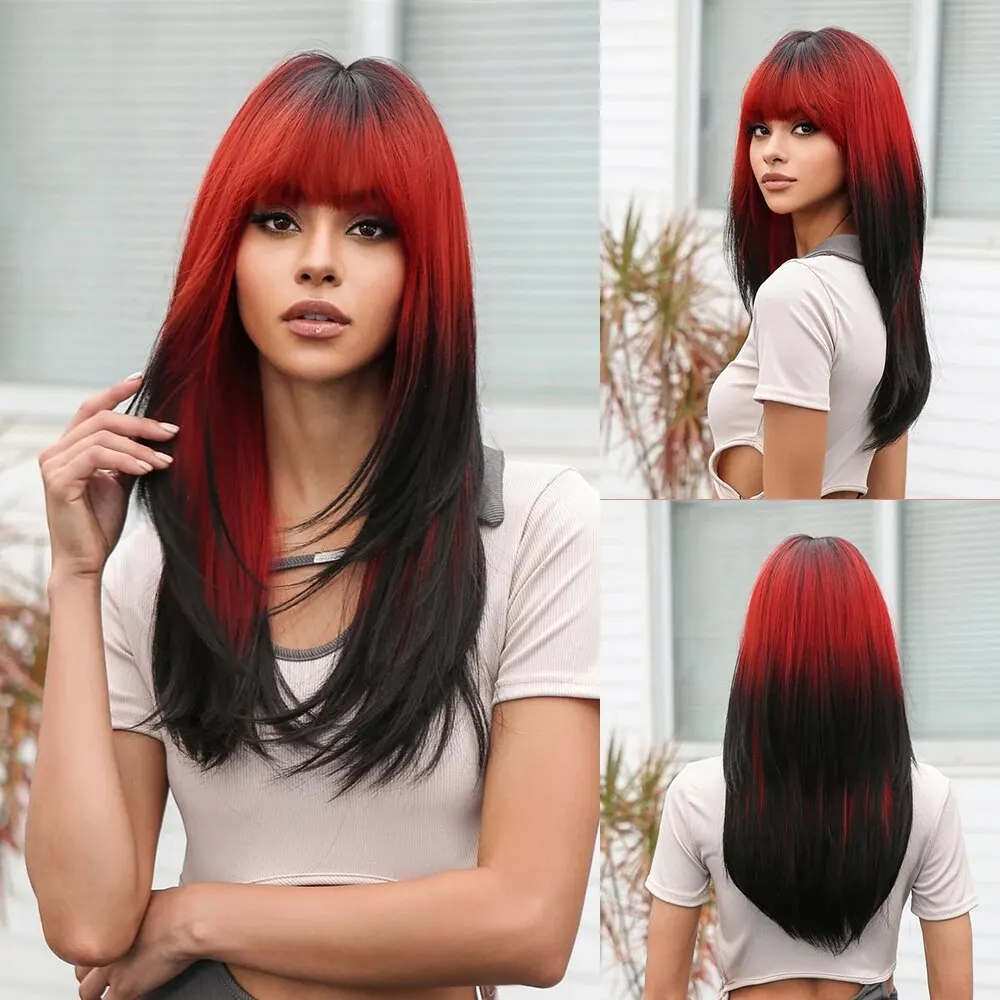 Orta-uzun-sentetik-Punk-peruk-Ombre-siyah-k-rm-z-katmanl-sa-peruk ...