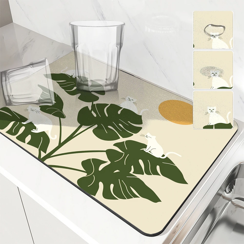 Coffee-Cup-Drying-Mat-Tropical-Leaf-Cat-Non-slip-Absorbent-Mat-Diatoms ...