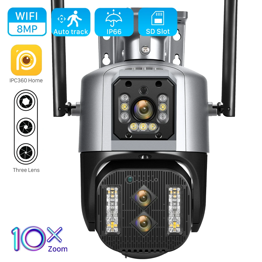 8MP 4K Wifi Camera Outdoor Three Lens Dual Screen 10X Hybrid Zoom AI ...