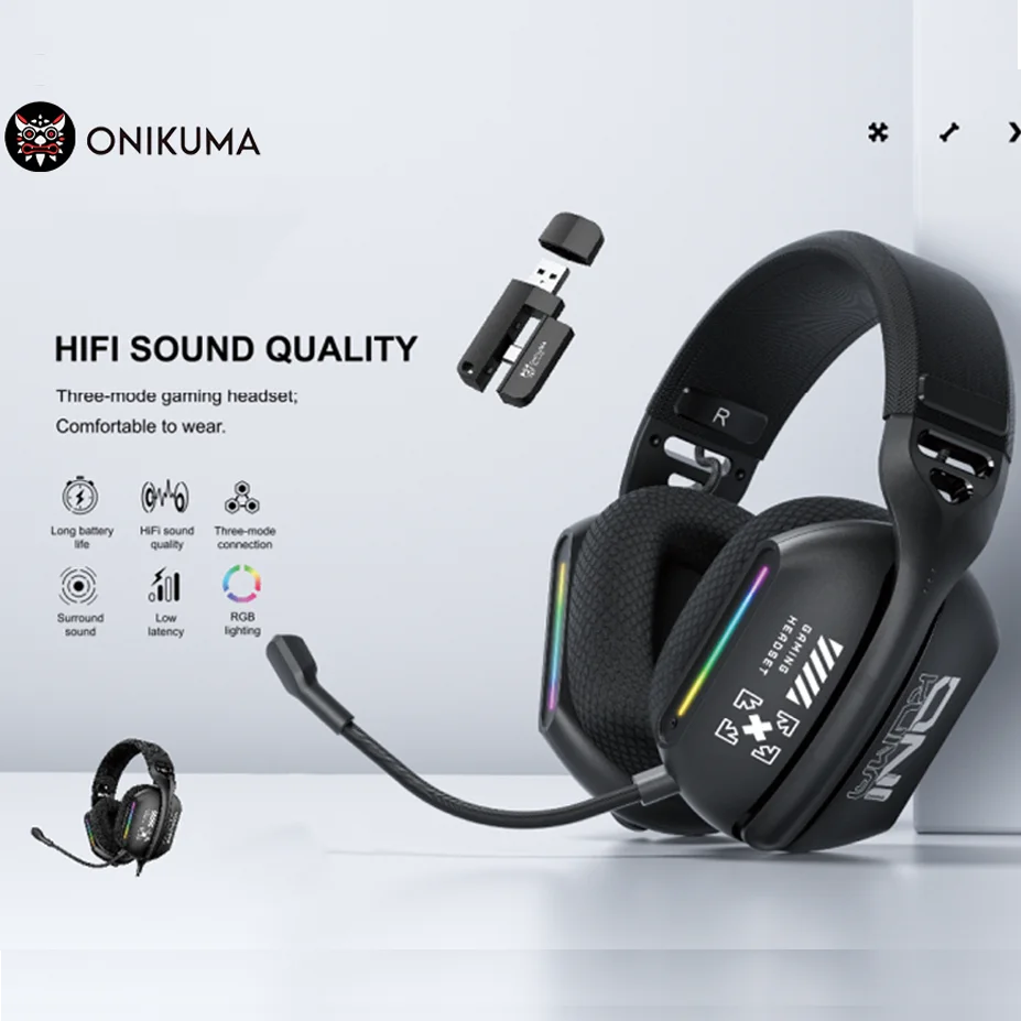 Onikuma RGB Light 2.4Ghz Low Latency Wireless Headphones for gaming 360 ...