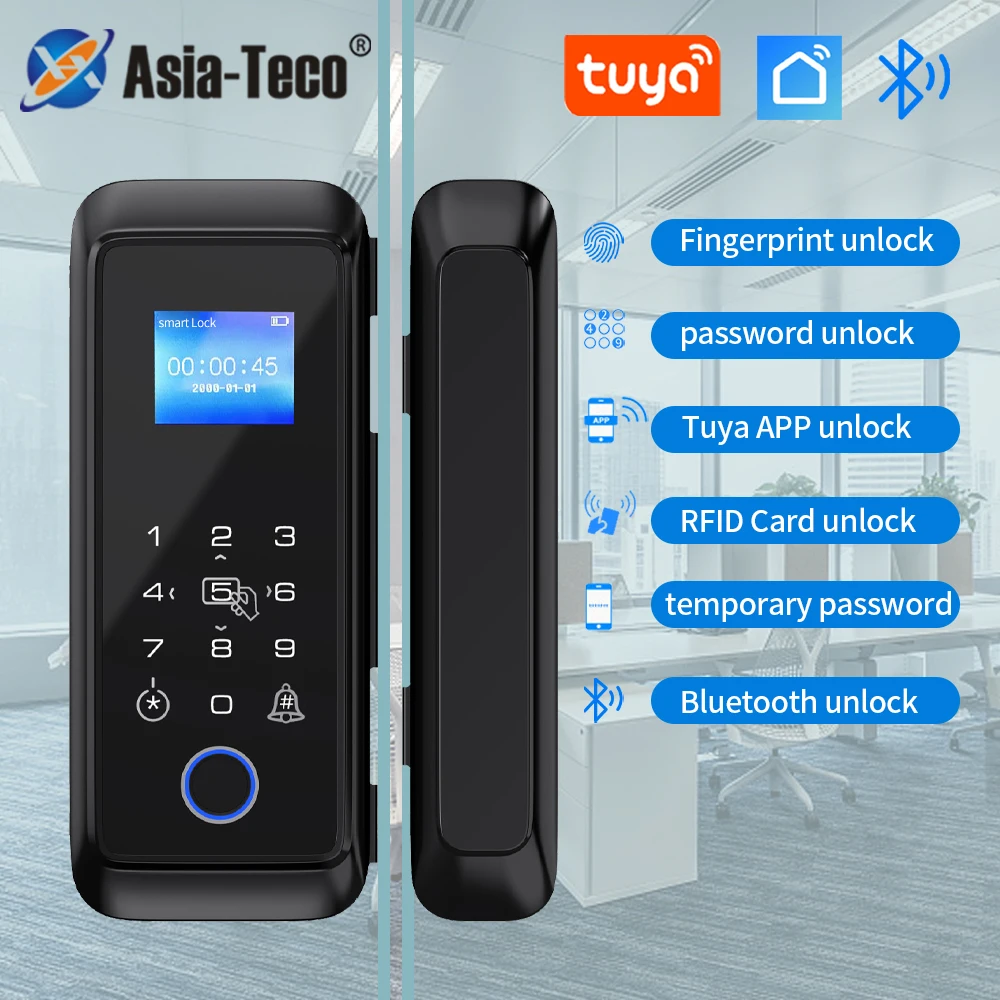 Tuya-Bluetooth-Fingerprint-Glass-Door-Intelligent-Lock-Double-Hook-RFID ...